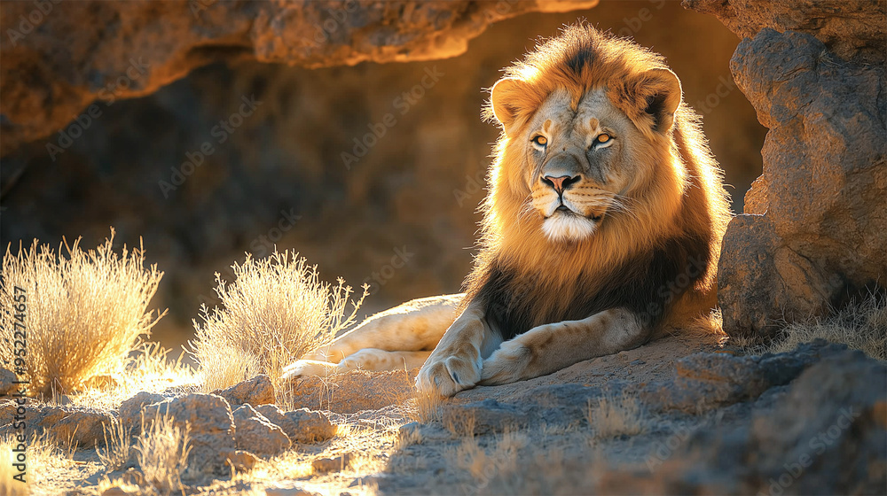 Foto de Extinct Barbary Lion resting under rocky ledge in the desert of ...