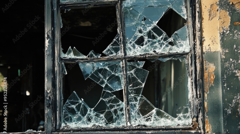 Chaotic remains of an explosion: a damaged window with shattered glass ...