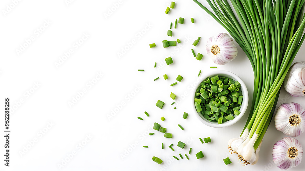 Kitchen scene featuring Garlic chives Allium tuberosum with writing ...