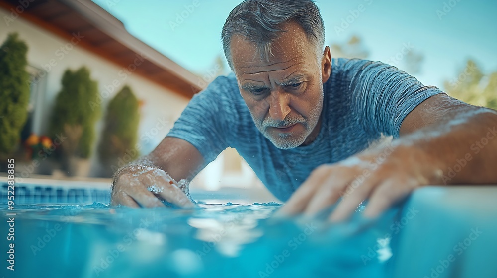 elderly father teaching forty year old son how to clean the bottom of ...