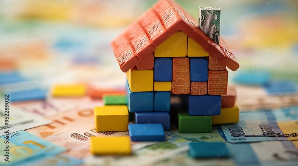 Small house made of colorful toy blocks euro banknotes and rising graph ...