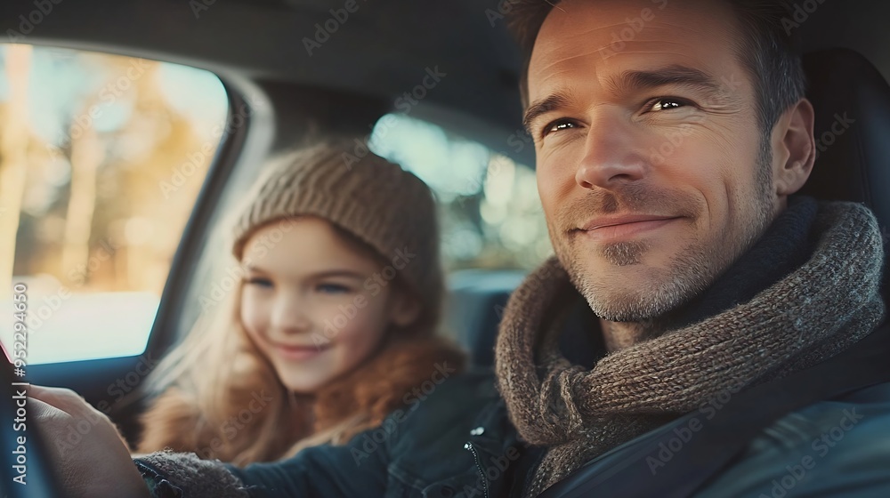Positive young adult man driving car during trip with his family woman ...