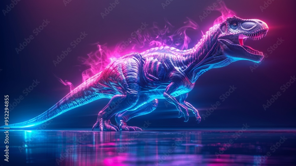 Tyrannosaurus rex dinosaur 3d glows with blue, pink, purple and violet ...