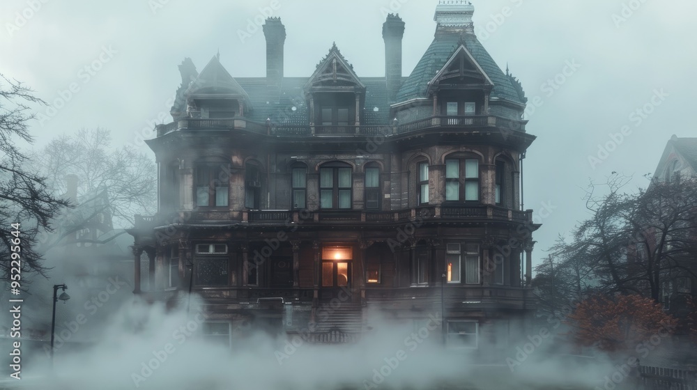 Snow-white fog creates a dreamlike effect around the three-story ...