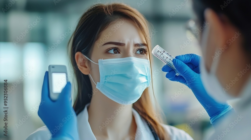 Young nurse or doctor taking patients body temperature with noncontact ...