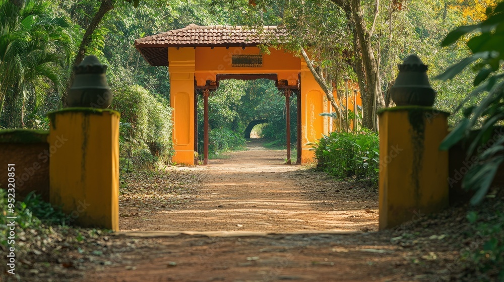 Ashram entrance with space for text on the pathway. Spiritual retreat ...