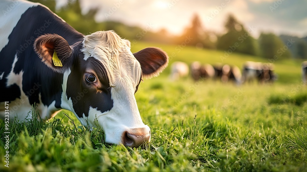 Cow on lawn Cow grazing on green meadow Holstein cow Eco farming Cows ...