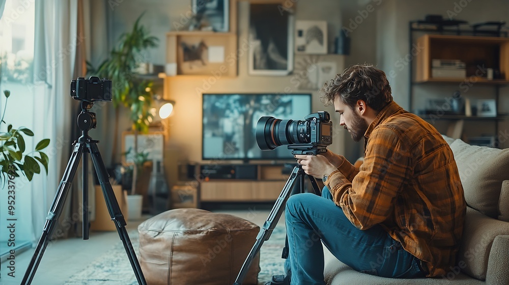 Male professional photographer shooting indoors in the living room home ...