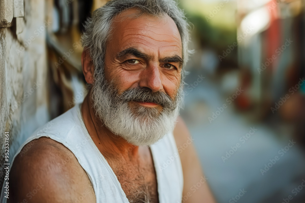 Authentic street portrait of a 50-year-old Greek or Balkan man with a ...