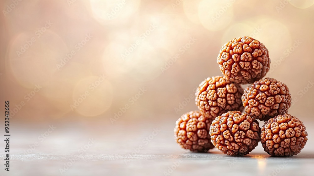 Sacred Hindu Rudraksha beads with space for text on a soft background ...