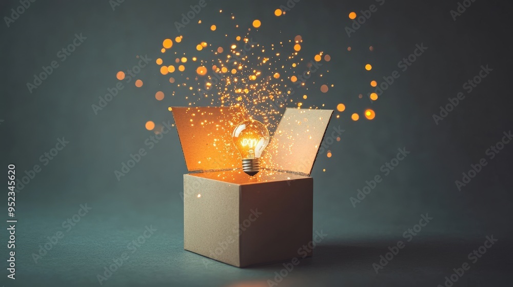 Out-of-the-box thinking, box breaking open with ideas, minimal white ...