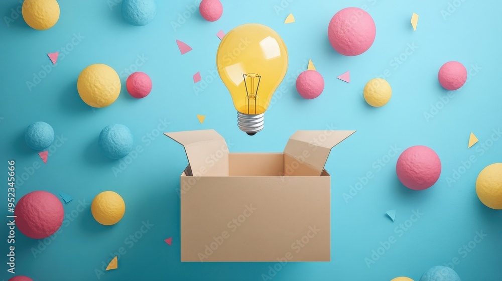 Out-of-the-box thinking, box breaking open with ideas, minimal white ...