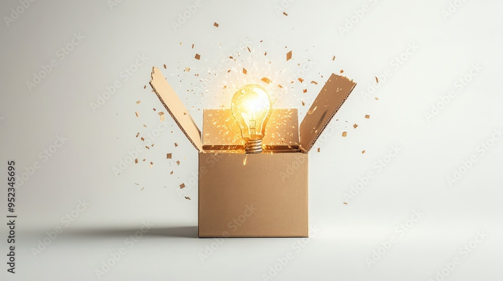 Out-of-the-box thinking, box breaking open with ideas, minimal white ...