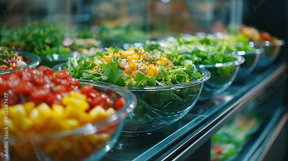Various salads Glass Showcase in a buffet or selfservice restaurant ...