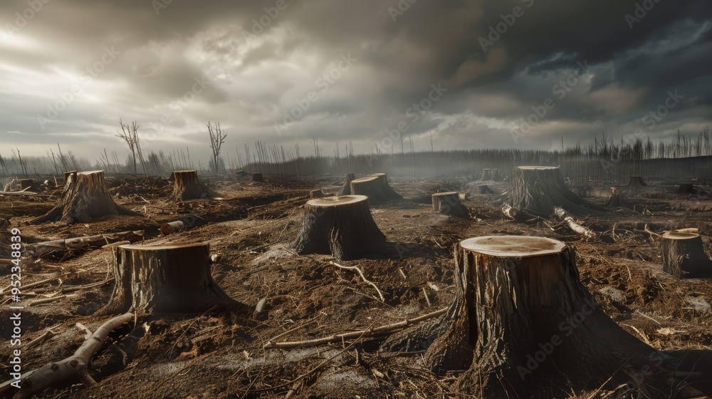 Dramatic depiction of deforestation and desertification with stumps and ...