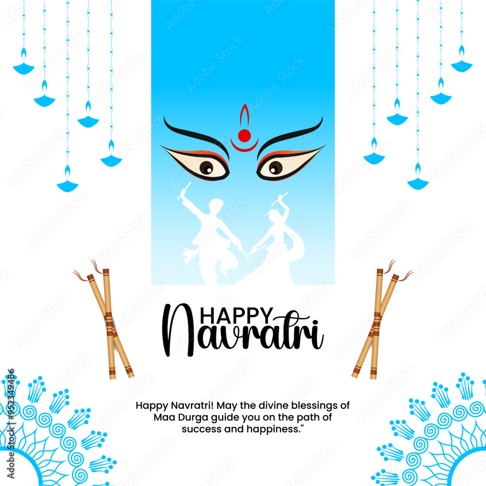 Navratri Greeting Card Blue background, Goddess Durgas eyes dancers ...