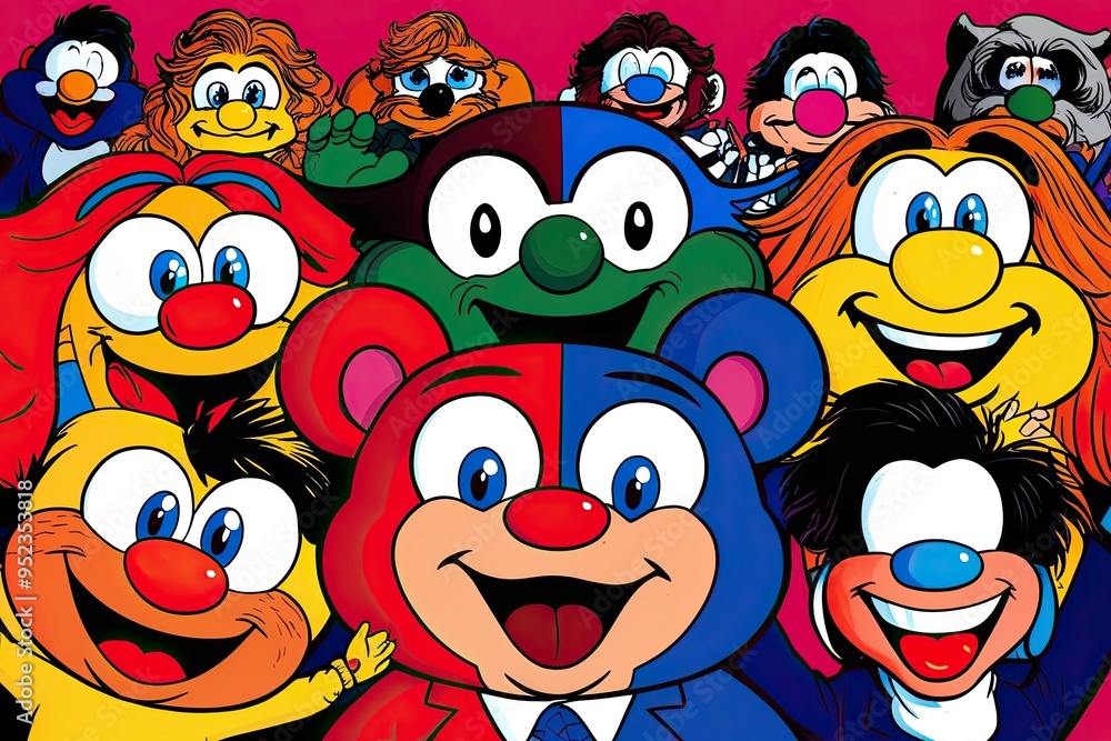 Charming 1990s Mascot Character Illustration Featuring Lively Faces and ...