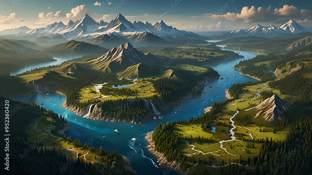 Poster A detailed map of an imaginary world, with mountain ranges ...