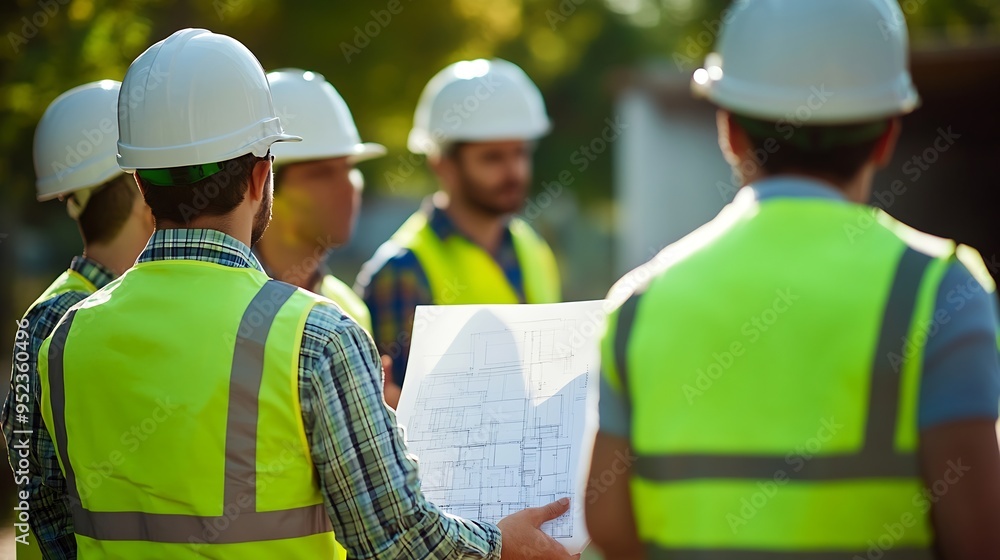 Group of civil engineers or architects in hard hats and green ...