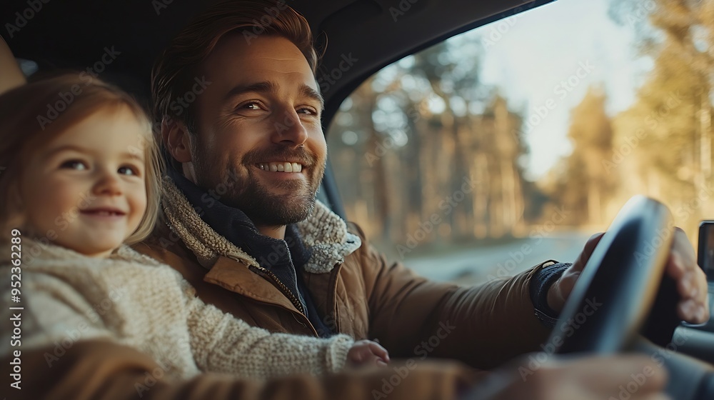 Positive young adult man driving car during trip with his family woman ...