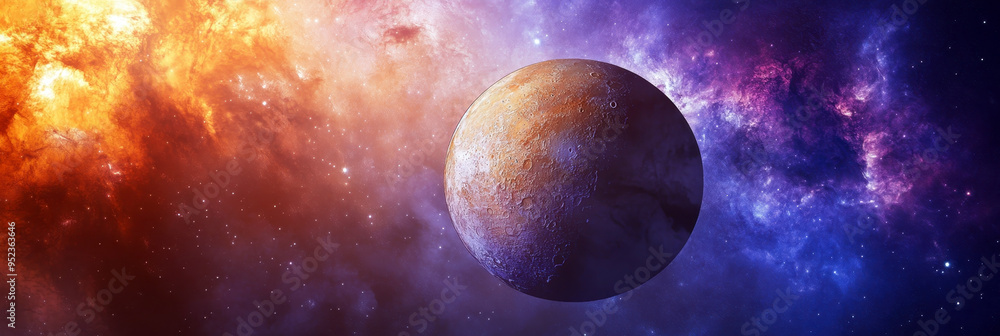 Planet Mercury in retrograde on a purple background with stars. View of ...