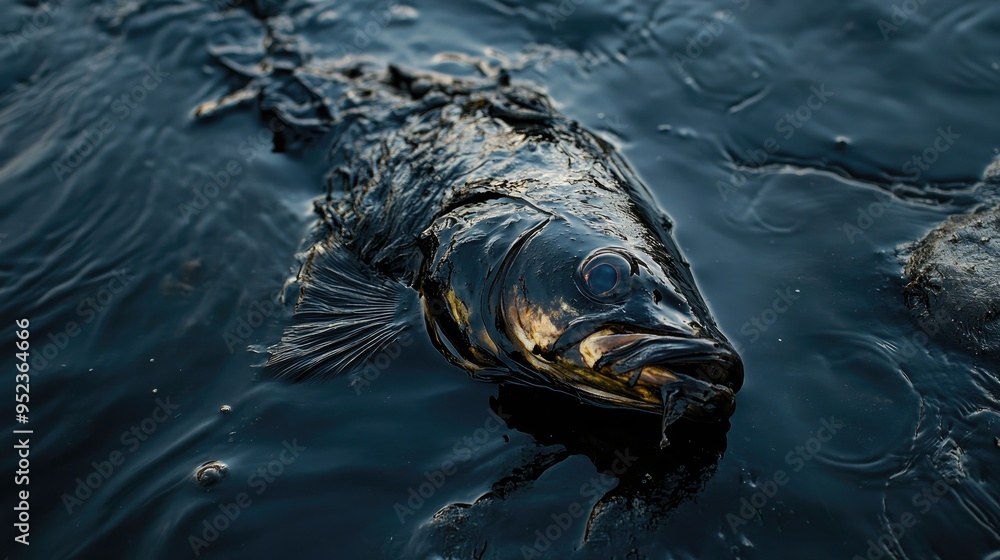 dead fish covered in black oil floating on the water, bad environment ...