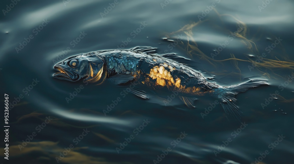dead fish covered in black oil floating on the water, bad environment ...