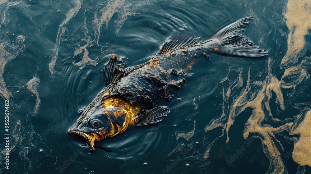 dead fish covered in black oil floating on the water, bad environment ...