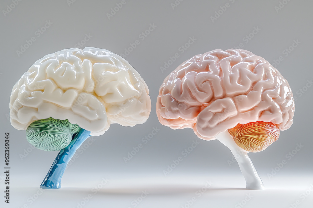 Sculpture of two brains, one male and the other female, facing each ...