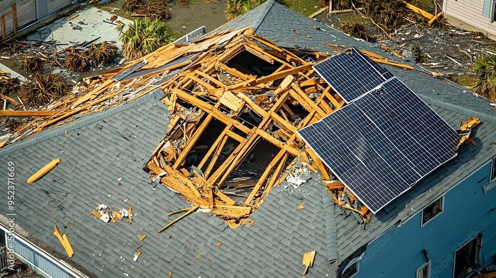 Destroyed by hurricane winds broken down photovoltaic solar panels ...