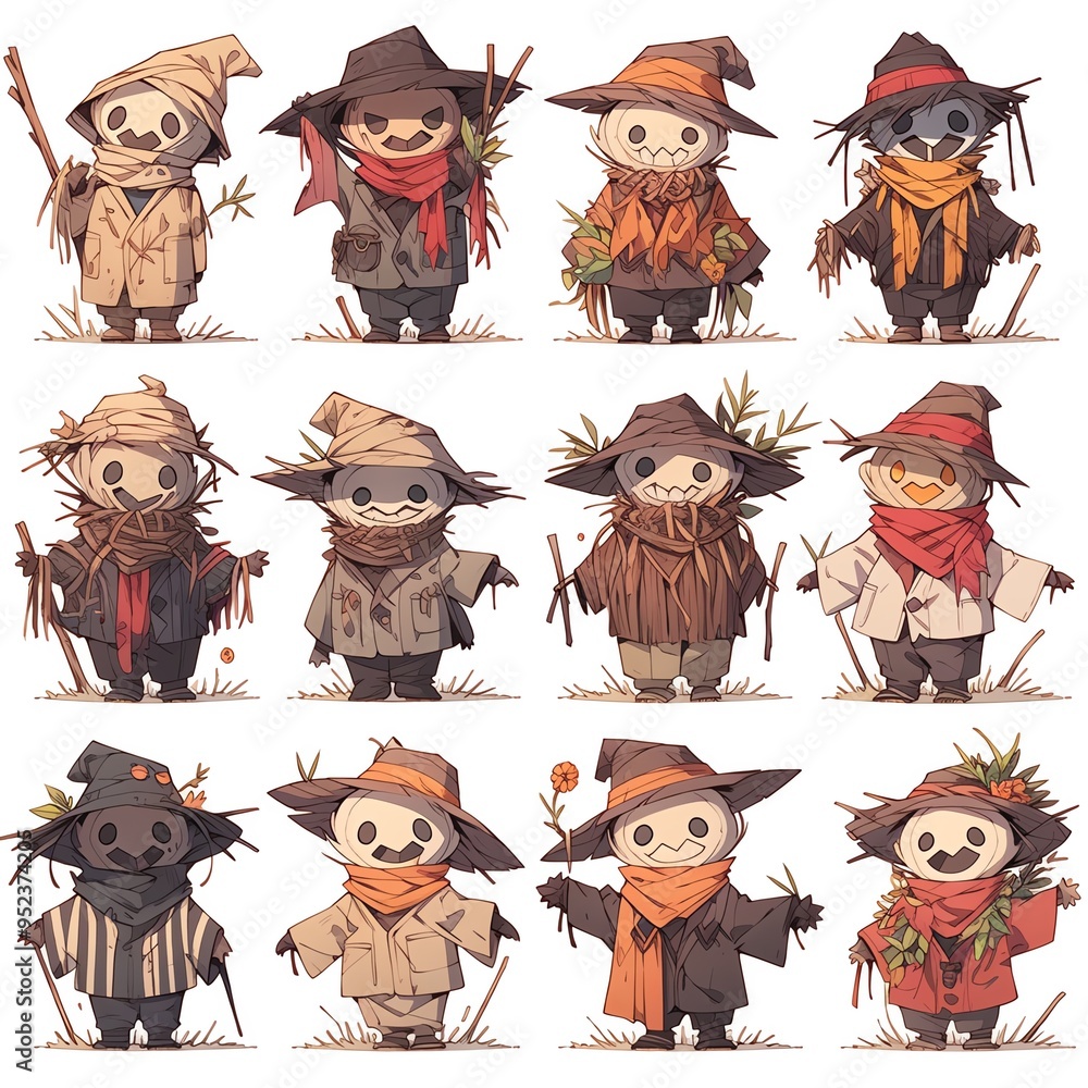 Whimsical collection of charming scarecrow characters, each with unique ...