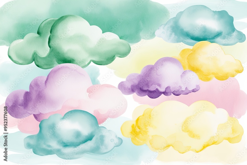 Whimsical Watercolor Background of Fluffy Clouds in Mint Green, Cotton ...