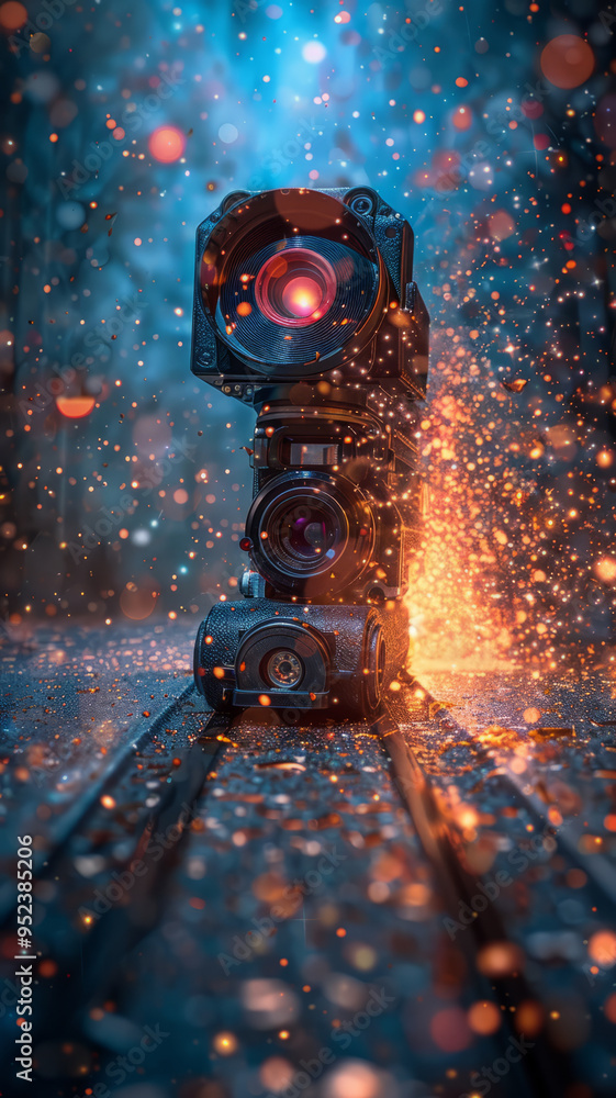 Minimalistic Logo, cinematic camera, tape flying out of camera, film ...