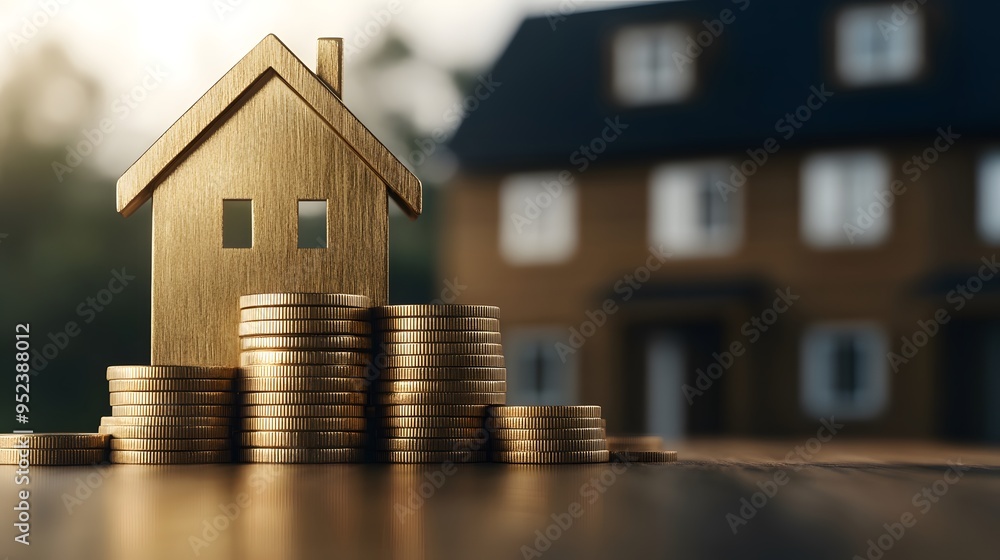 A golden house model on a stack of coins, representing real estate ...