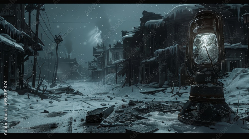 Desolate post apocalyptic winter snow covered streets and ruined ...