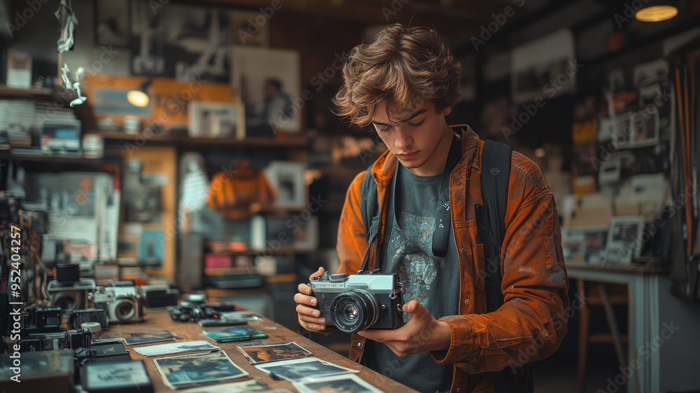 A nostalgic scene of a young photographer using a vintage film camera ...