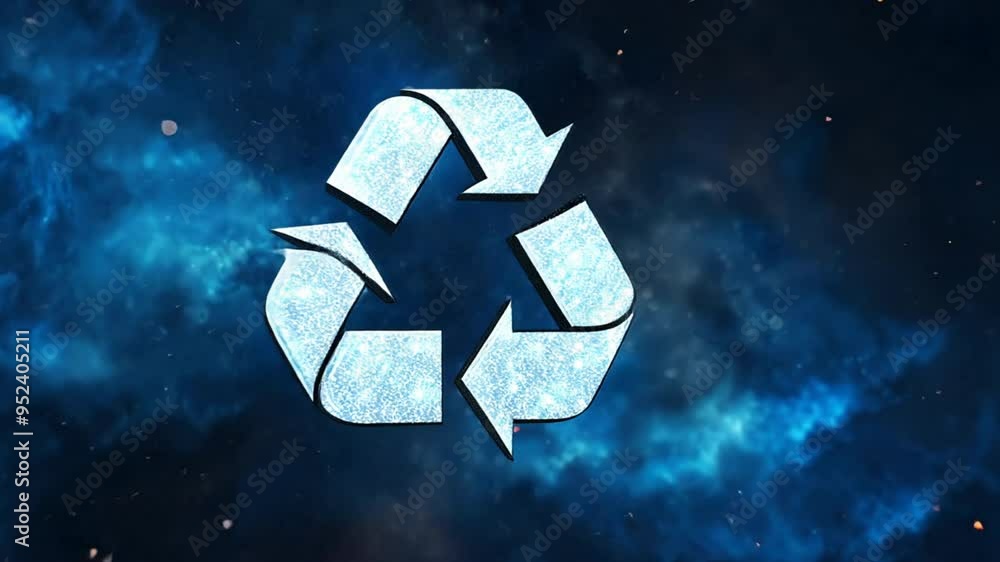 A blue recycling symbol is shown in the night sky. Concept of ...