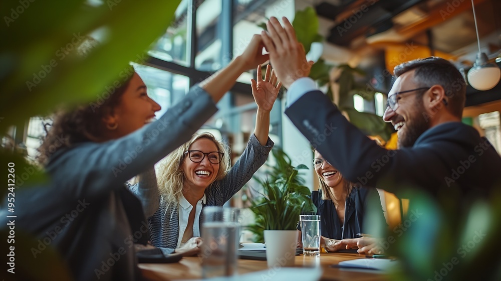 Diverse group of laughing businesspeople high fiving each other while working around a table in ...