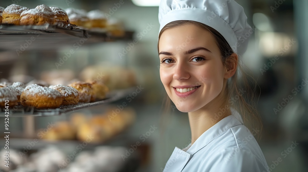 smiling beautiful woman baker in uniform stands near the oven before ...