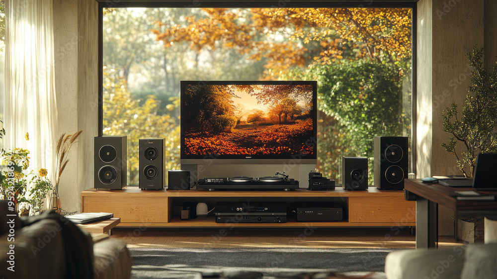A modern living room where vintage analogue devices blend seamlessly ...