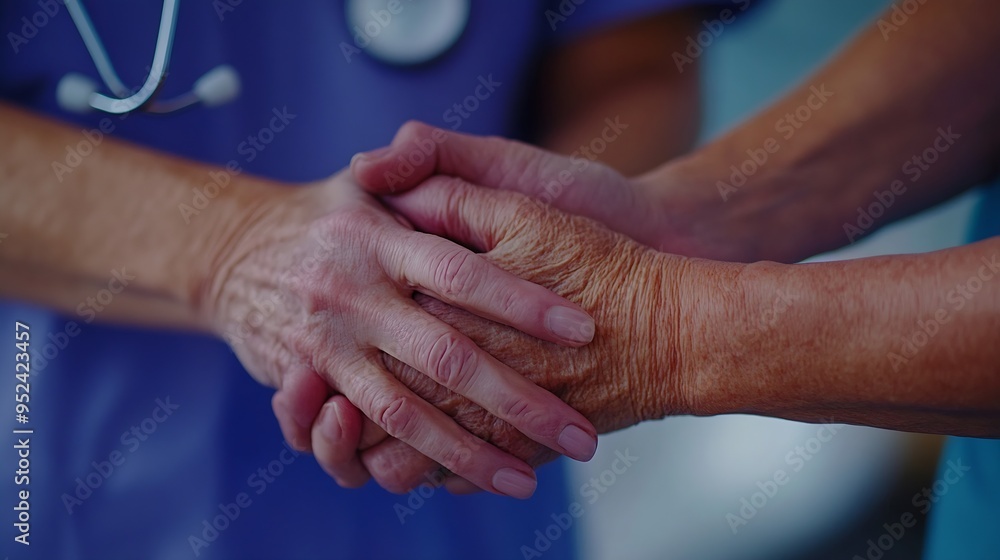 Cropped shot of a female nurse hold her senior patients hand Giving Support Doctor helping old ...