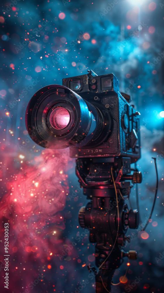 Minimalistic Logo, cinematic camera, tape flying out of camera, film ...