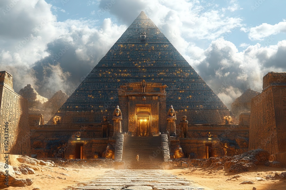 ancient egyptian tableau grand pyramid silhouette pharaoh in ornate ...