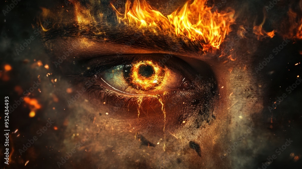 Eternal cycle depicted through a face with one eye shedding tears that ...