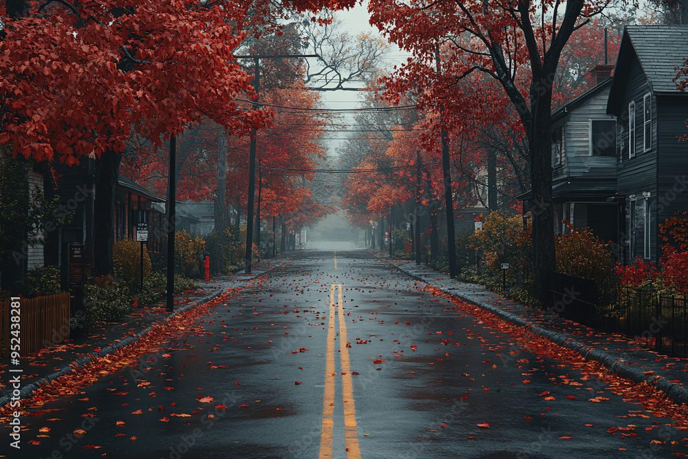 An empty autumn street in an American suburb with a mystic atmosphere ...