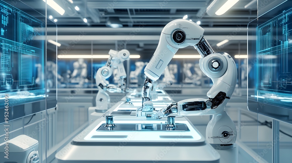 Advanced robot lab with holographic screens and robotic parts in ...