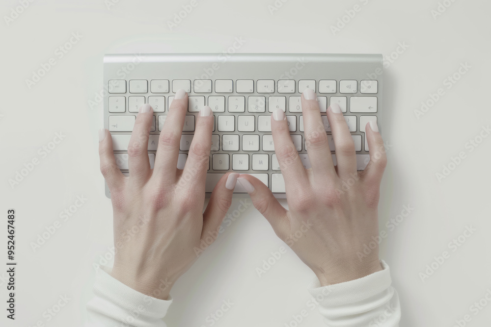 female human hands typing on a computer keyboard, manicured nails ...