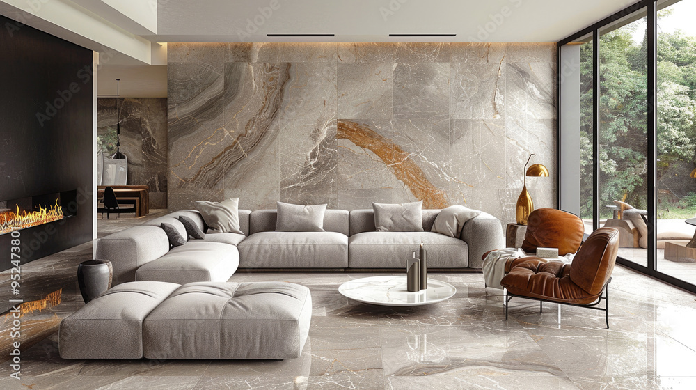 Grey marble wall panel and tile floor in the living room, luxury ...