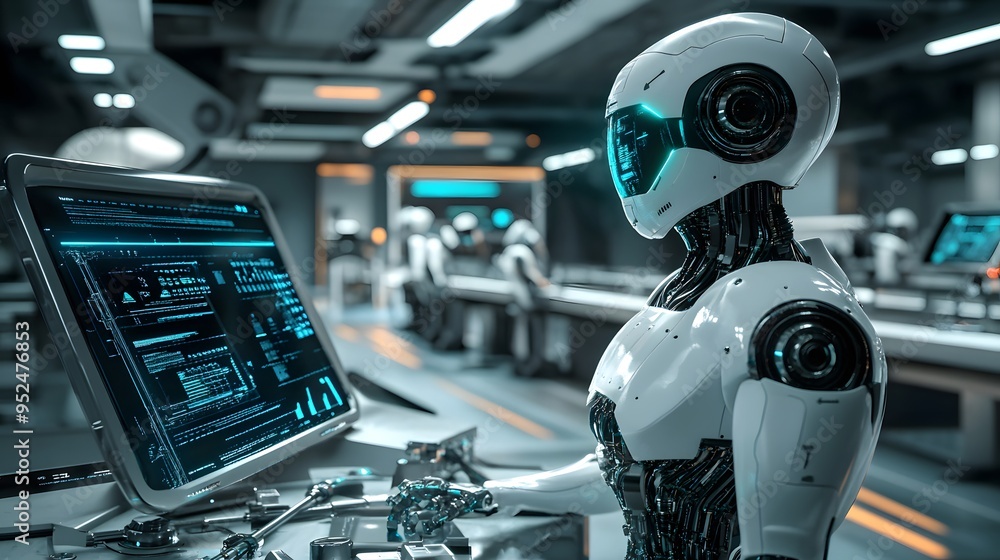 Advanced robot design lab with holographic interfaces and robotic ...