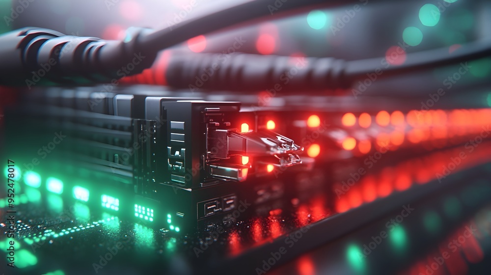 RJ45 Connectors Plugged into a Network Switch with Fiber Optic Cables ...